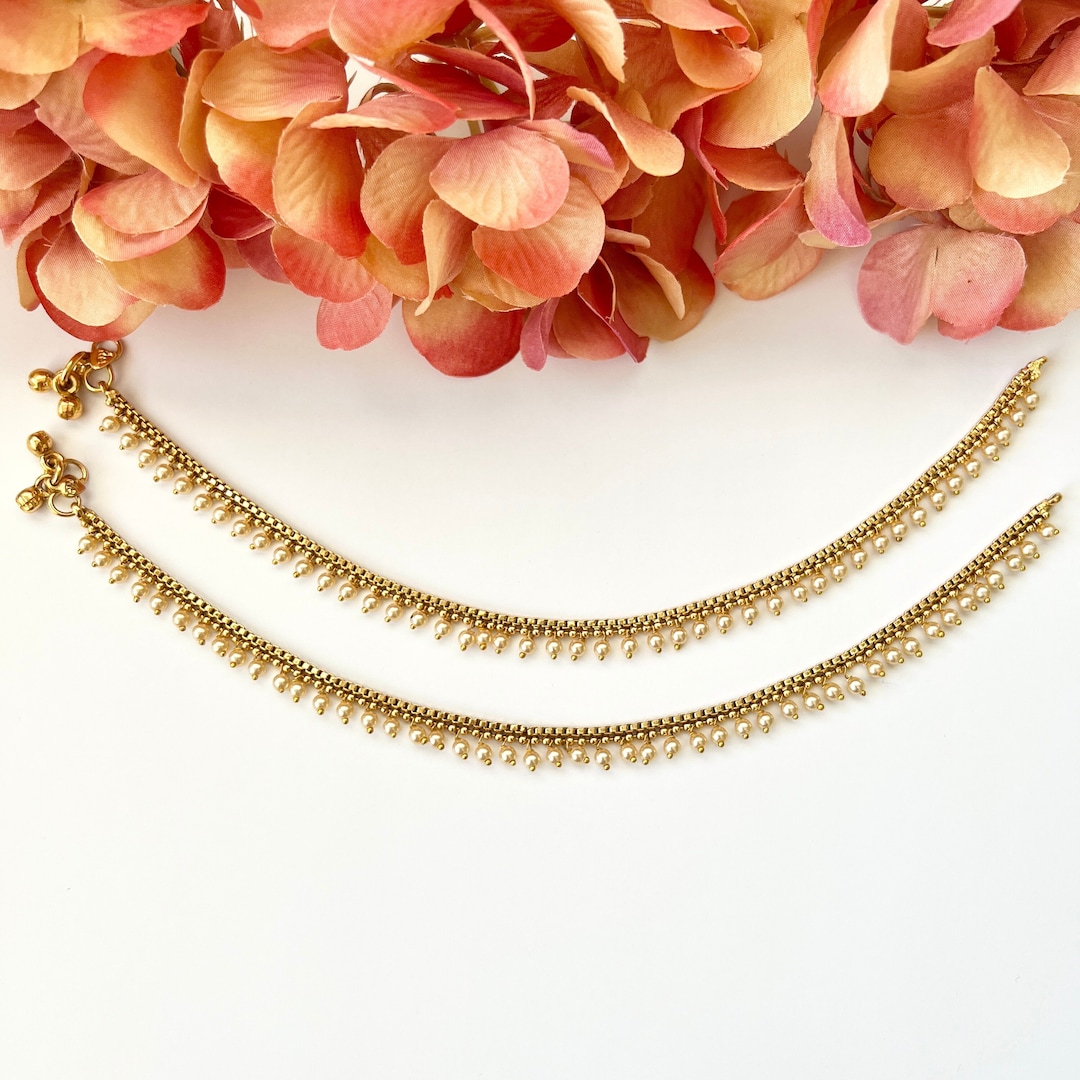 Traditional Gold Moti Anklet Payal Simple Pearl Temple Anklet Payal ...