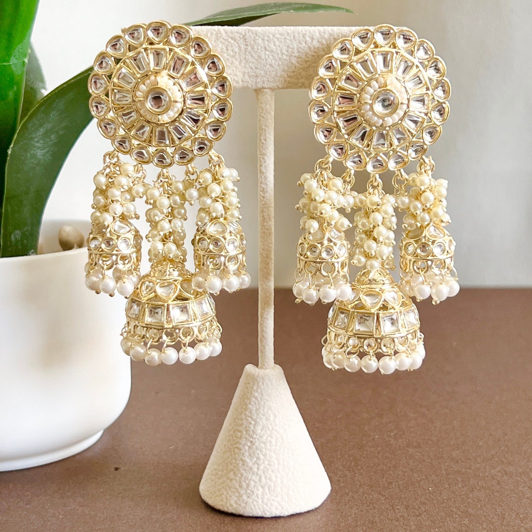 Kundan Indian Statement Earrings Big Jhumka Punjabi Earrings Long ...