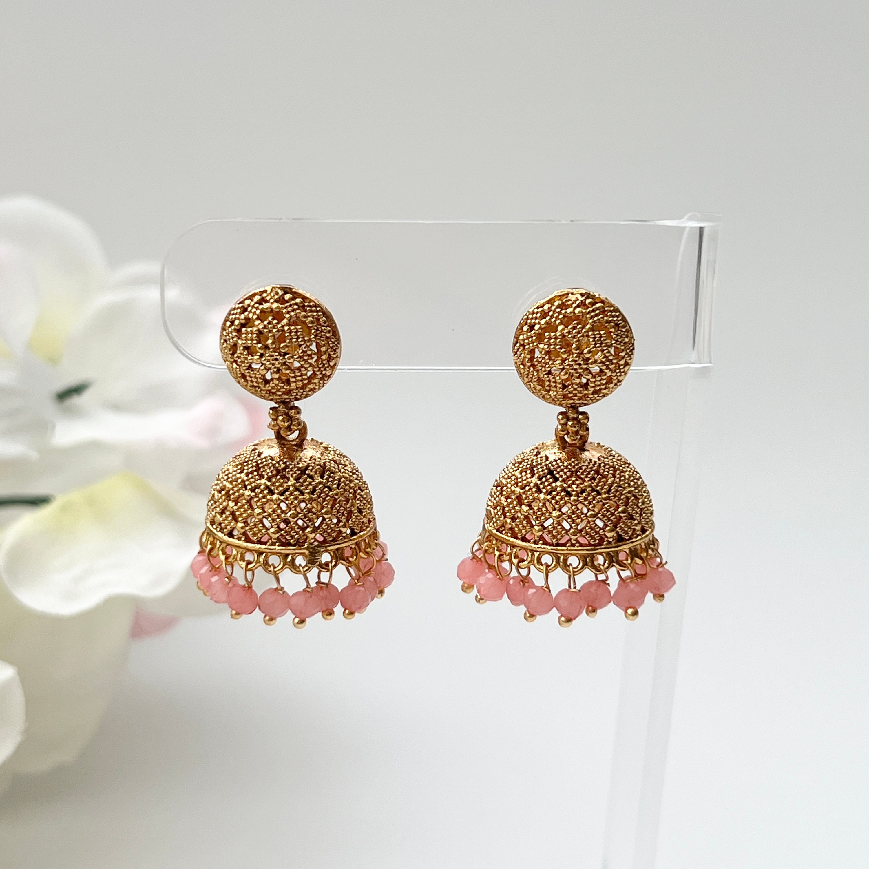 Small Gold Indian Jhumka Earrings Temple Indian Earrings Pearl Jhumka ...