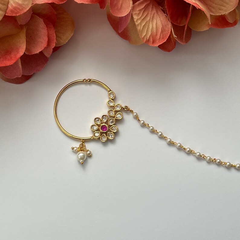 Kundan Pearl Indian Nose Ring Nath Clip on Bridal Wedding Nose Ring ...