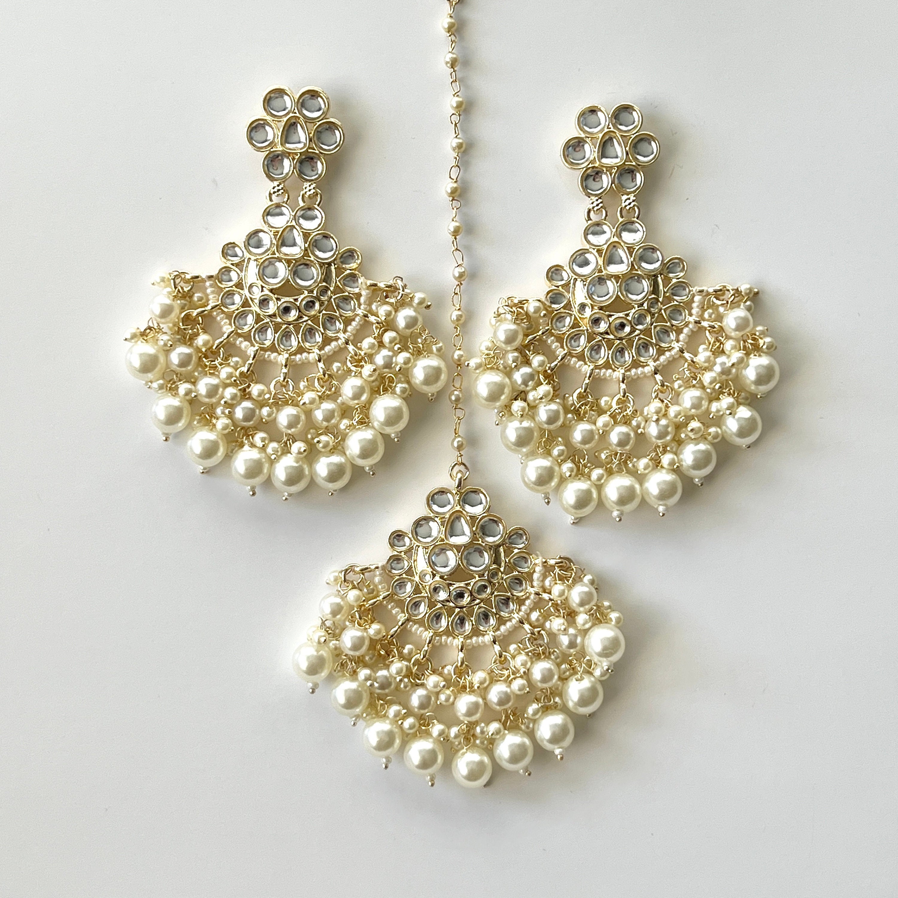 Kundan Tikka Pearl Earring Set Tikka Teeka Bollywood Maang Tikka Bridal ...