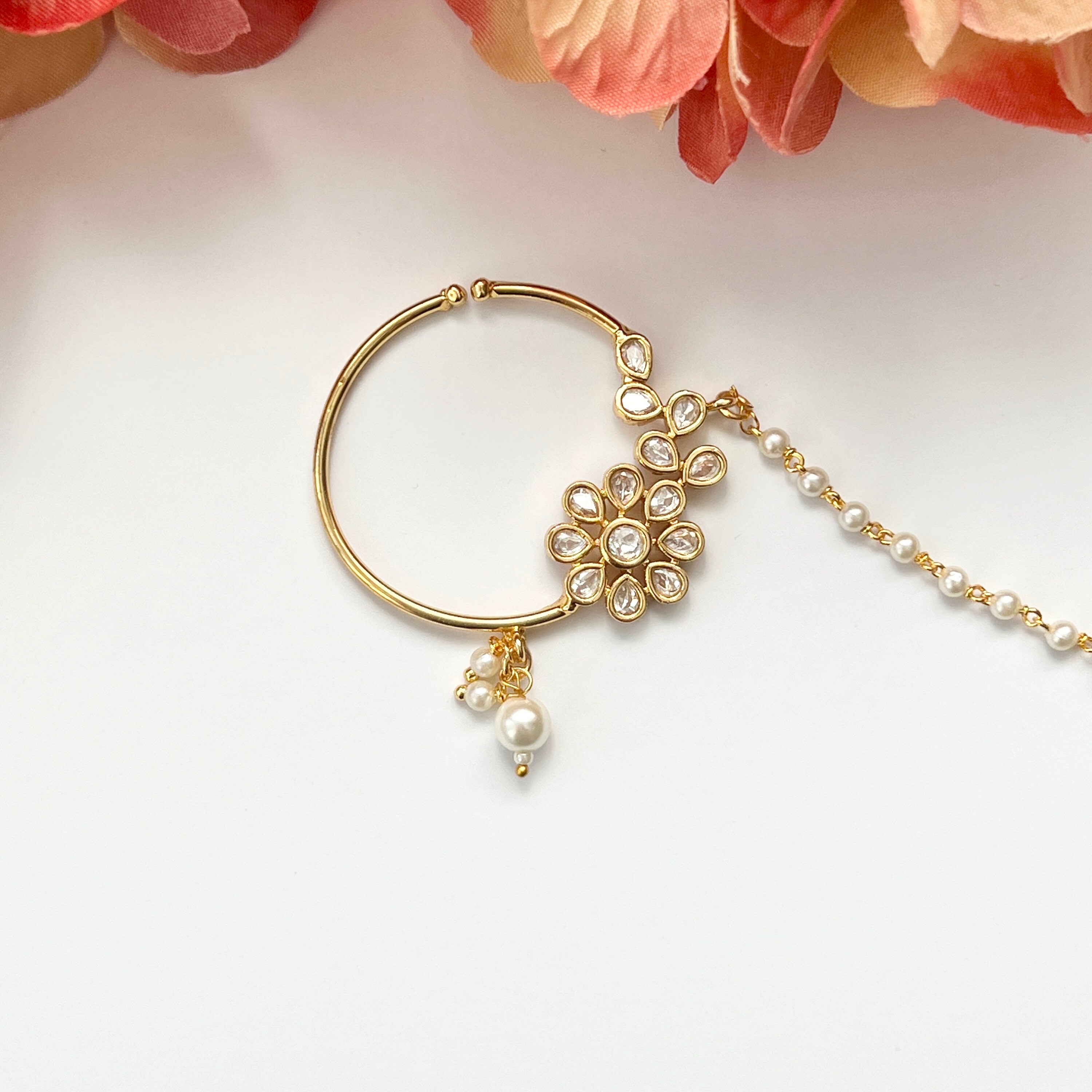 Kundan Pearl Indian Nose Ring Nath Clip on Bridal Wedding Nose Ring ...