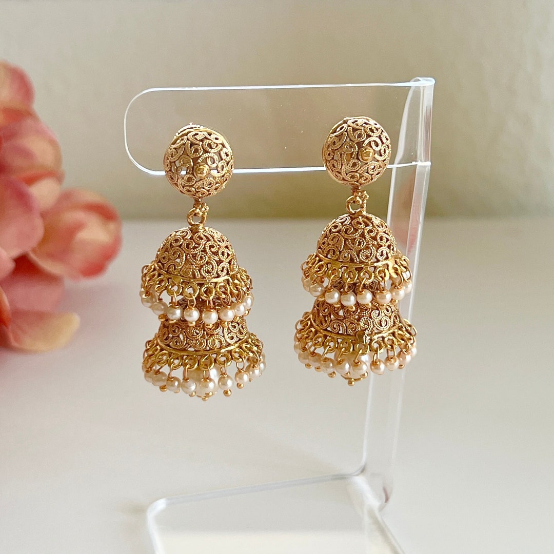 Double Jhumka Earrings Indian Temple Earrings Temple Jewelry South ...