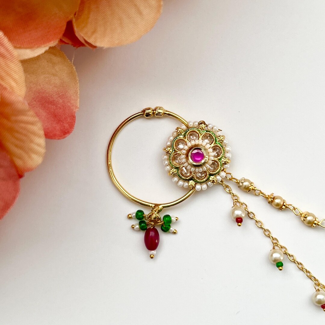 Kundan Pearl Indian Nose Ring Nath Clip on Bridal Wedding Nose Ring ...