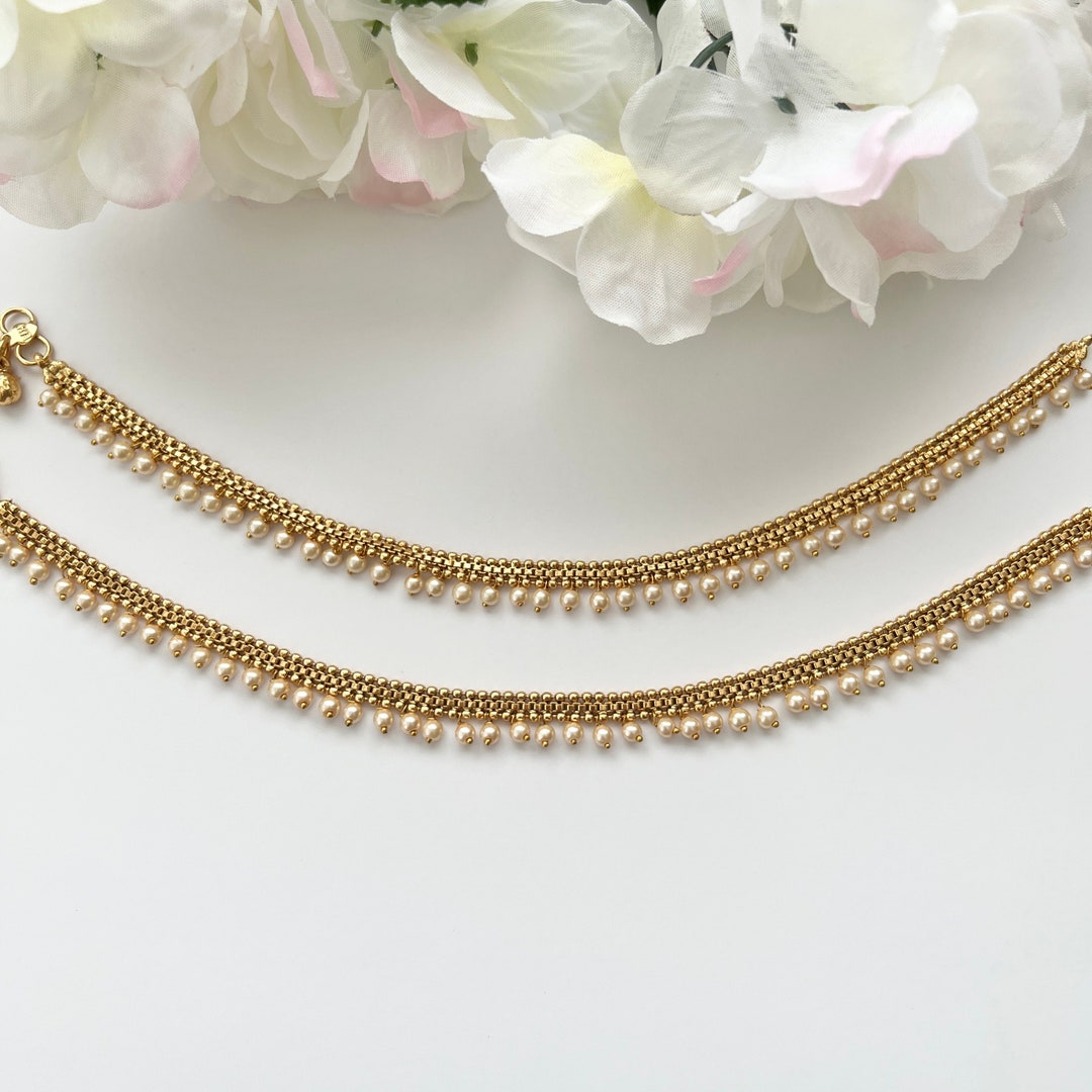 Traditional Gold Moti Anklet Payal Simple Pearl Temple Anklet Payal ...