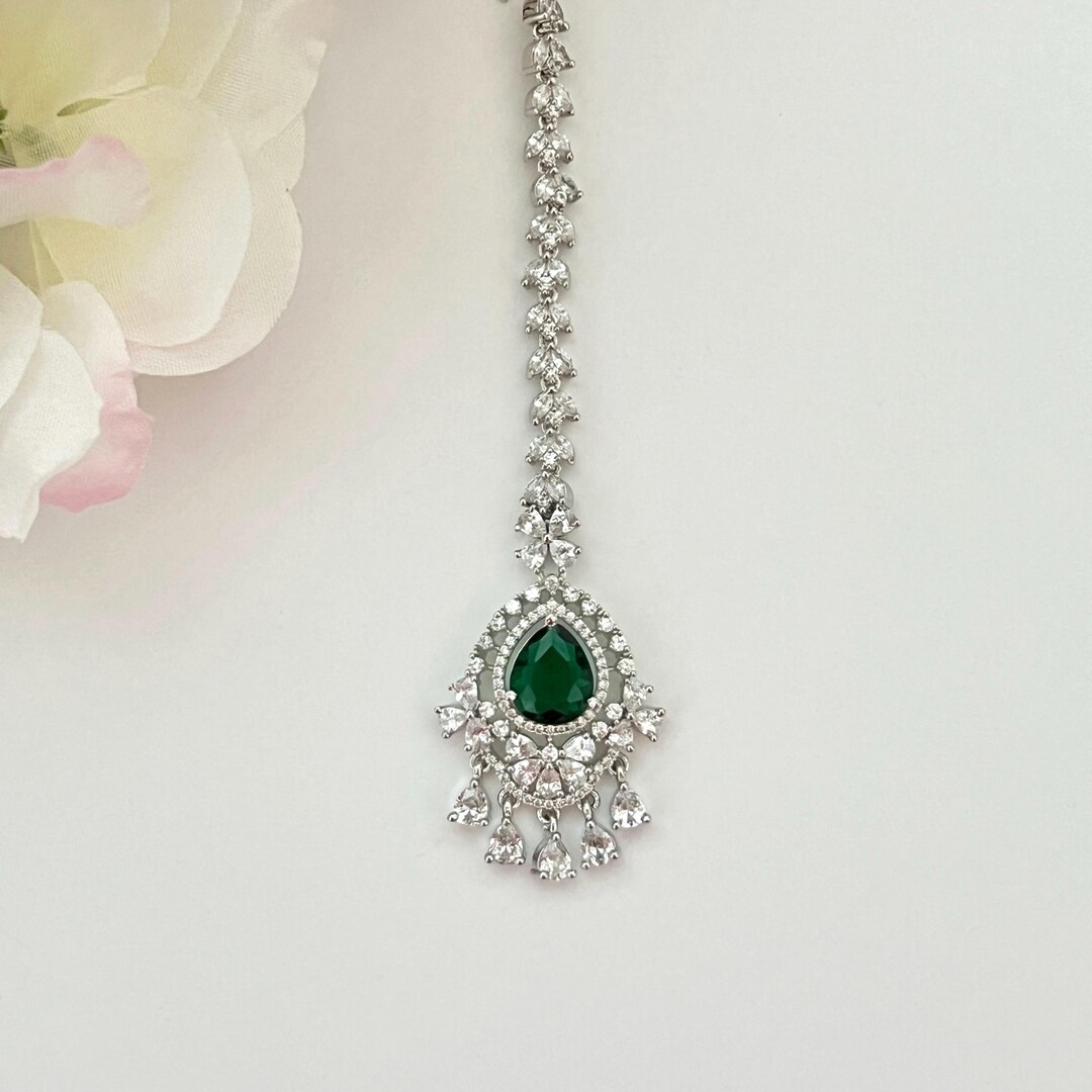 American Diamond Silver Maang Tikka Cubic Zirconia Tikka Bollywood ...