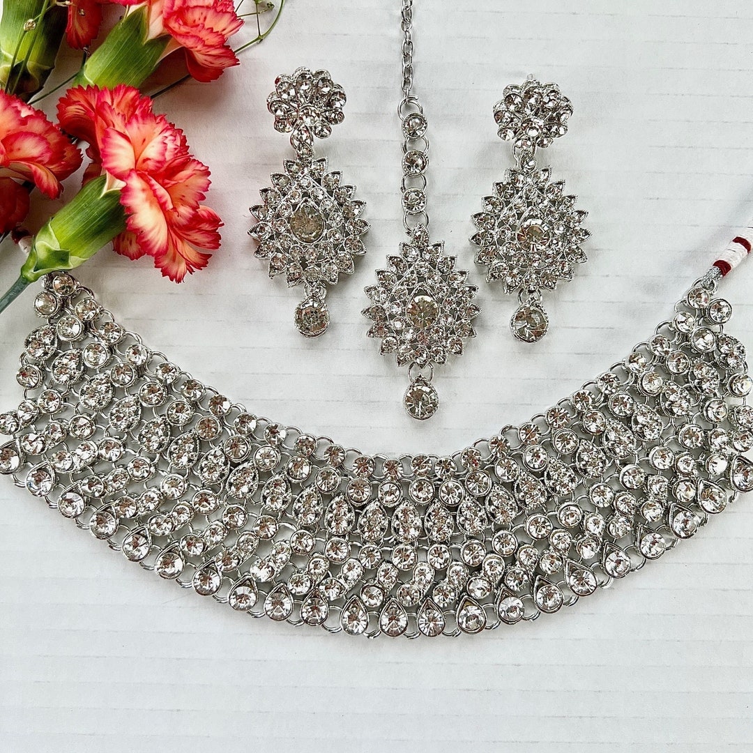 Silver Indian Necklace Set, Silver Bridal Set, Pakistani Jewelry ...