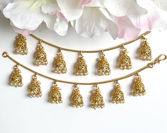 Gold Jhumka Indian Ear Chain, Pearl Sahare Kaan Chain, Indian Jewelry ...