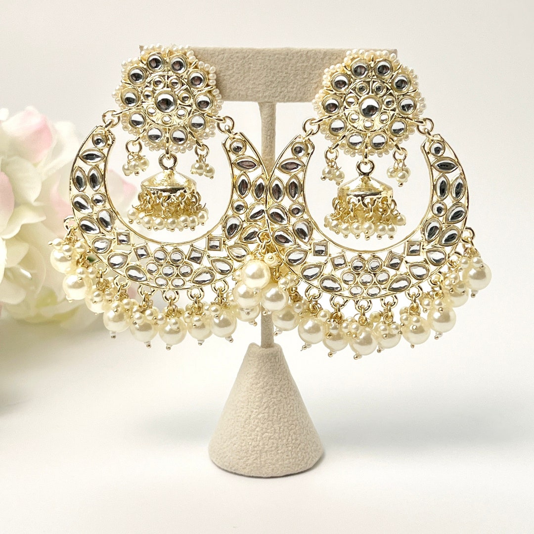 Kundan Indian Statement Earrings Big Jhumka Punjabi Earrings Long ...