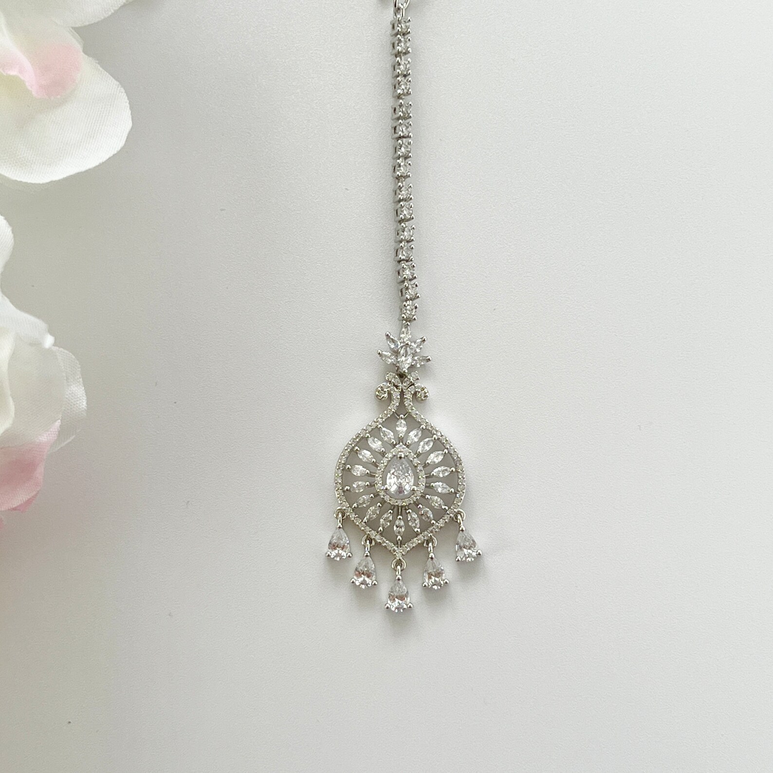 American Diamond Silver Maang Tikka Cubic Zirconia Tikka Bollywood ...