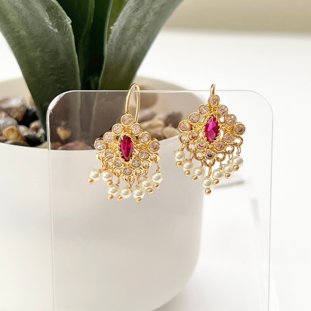 Small Jhumka Earrings Gold Ruby White Pearl Jhumka Earrings Indian ...