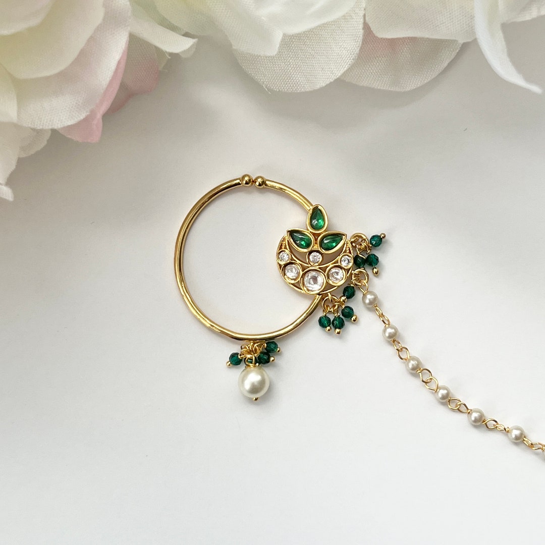 Kundan Pearl Indian Nose Ring Nath Clip on Bridal Wedding Nose Ring ...