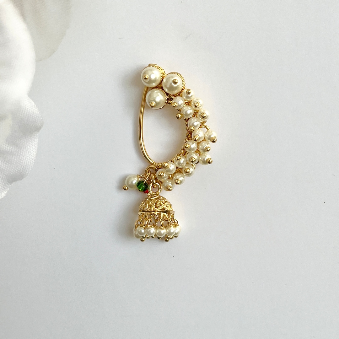 Jhumki Maharashtrian Pearl Clip on Indian Nose Ring Pearl Nath Bridal ...