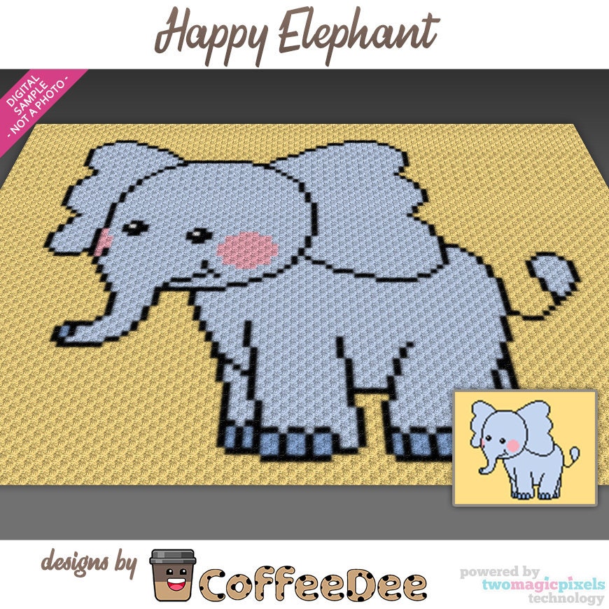 Happy Elephant Graph for Crochet (c2c, Mini C2c, Sc, Hdc, Dc, Tss ...