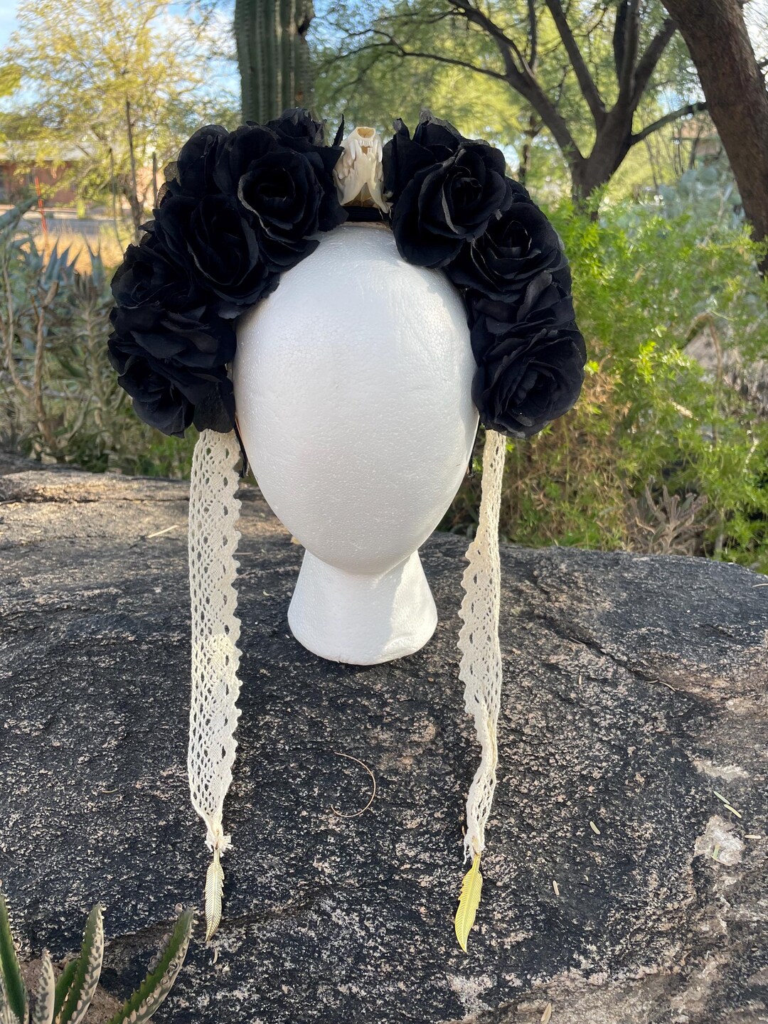 Mystic Mourning Rose Headdress With Real Mink Skull | Head Accessory ...