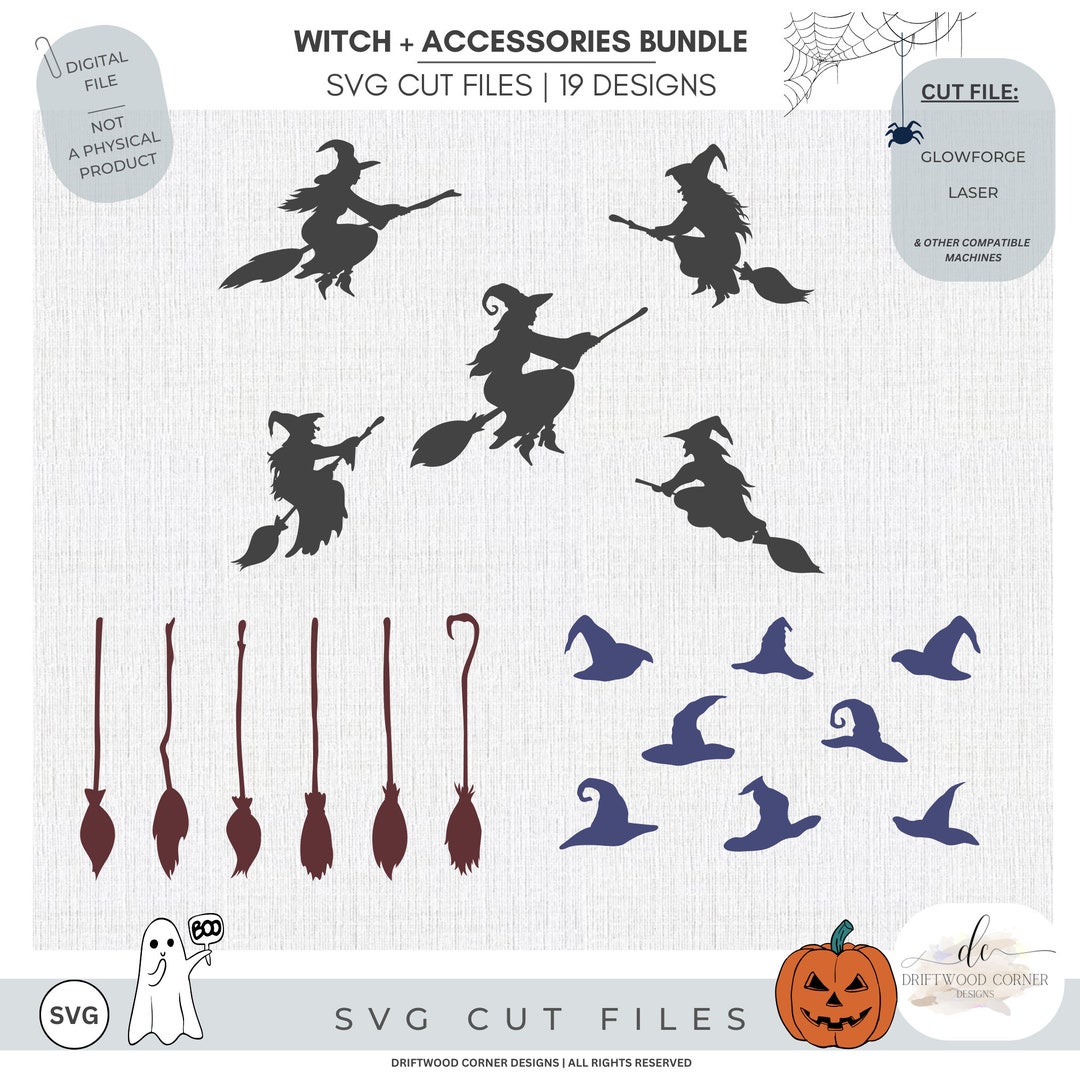 Halloween Witch, Broom and Hat SVG Cut Bundle, Laser Cricut Cut SVG ...