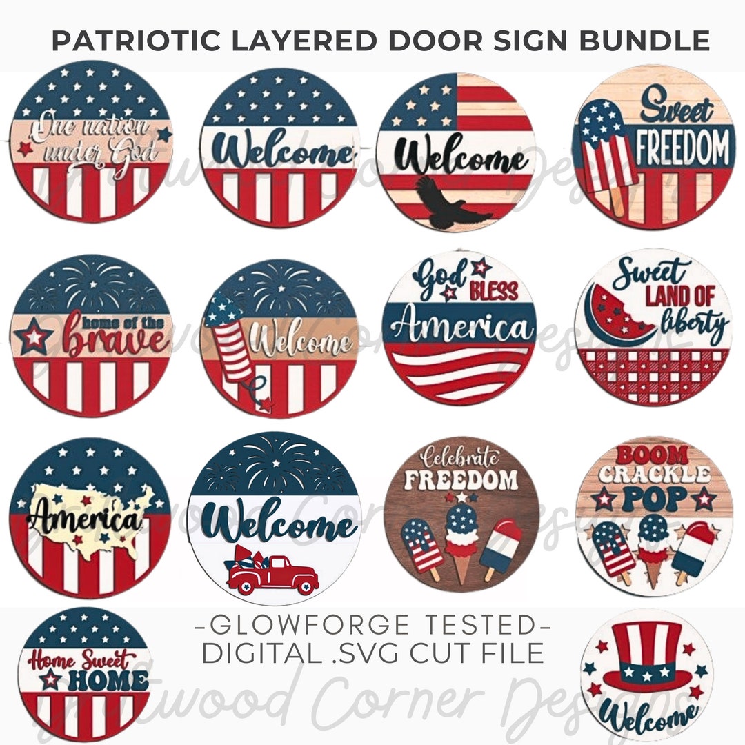 Patriotic Summer Round Porch Sign SVG Digital Bundle, Laser Cut Layered ...