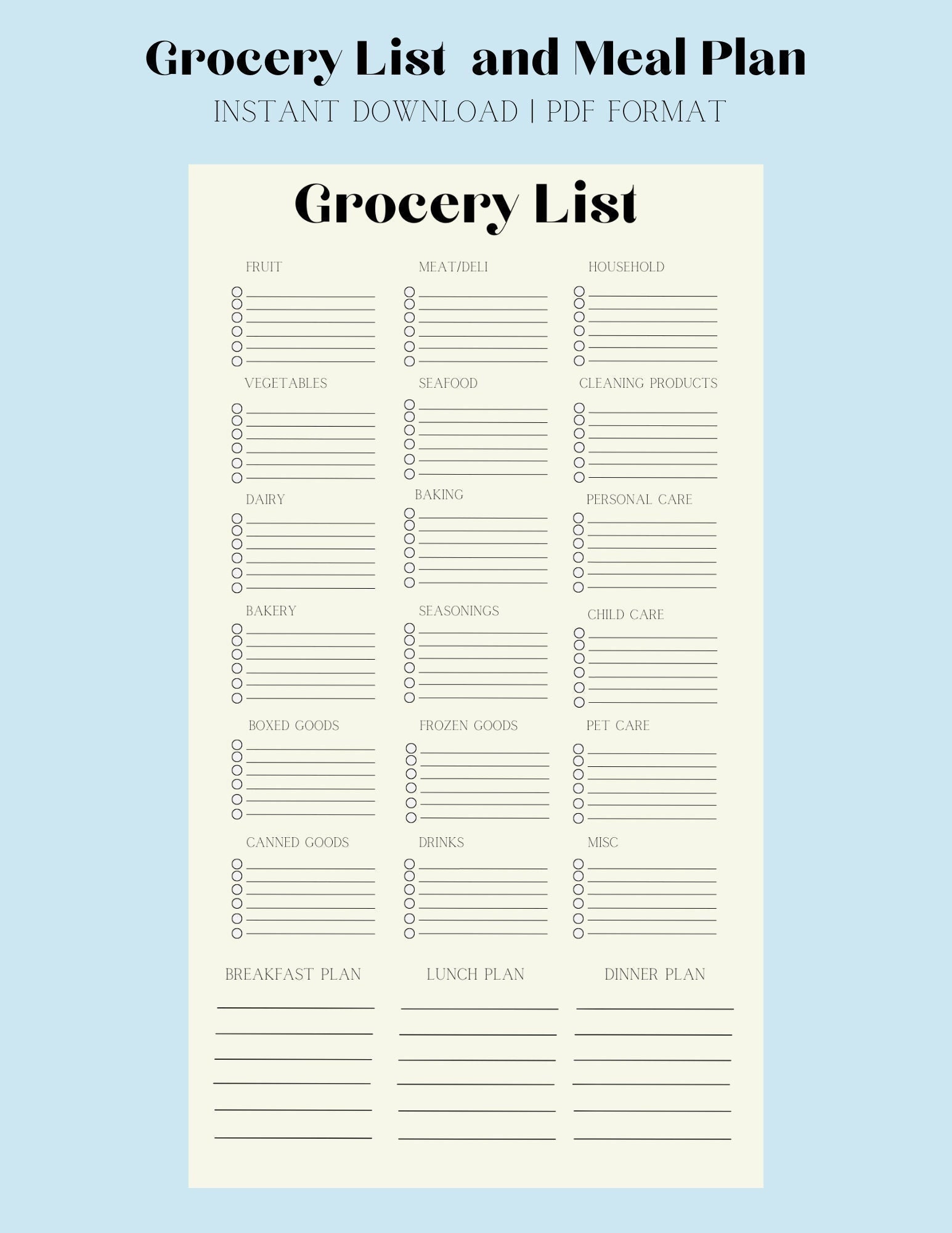 Grocery List and Meal Plan - Downloadable File - Etsy