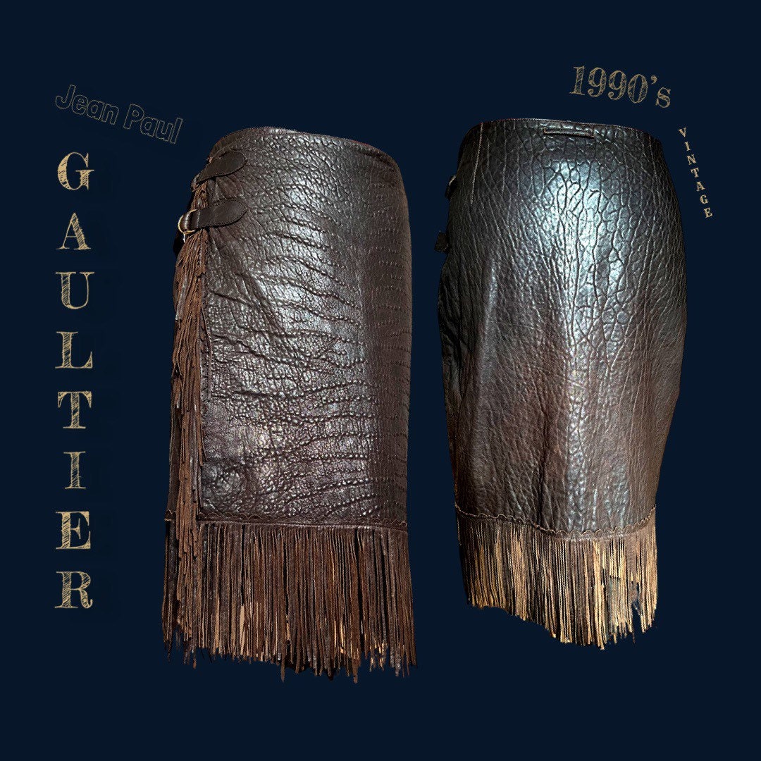 1990s Jean Paul Gaultier Fringed Textured Leather Skirt in Brown Womens ...