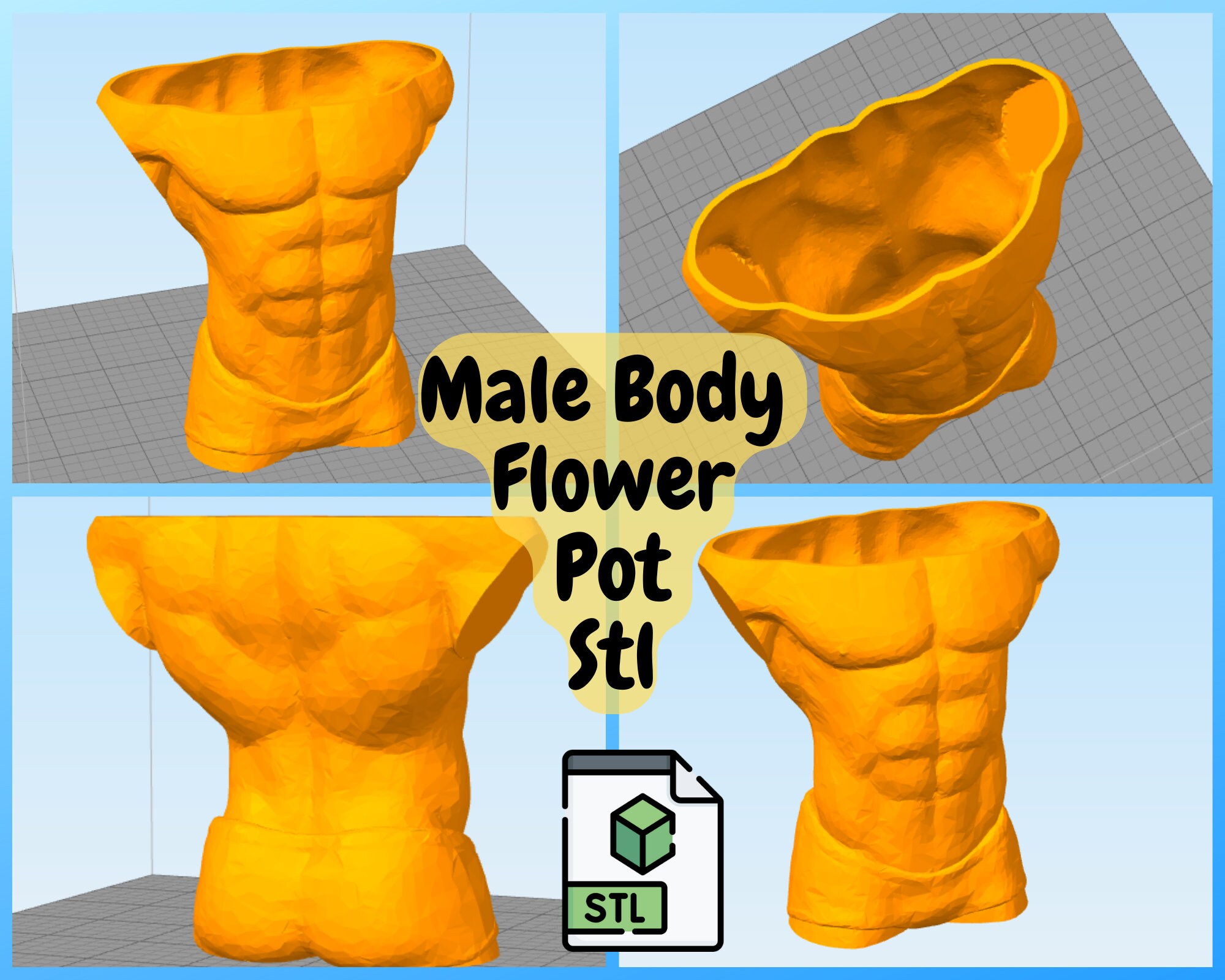 Male Body Flower Pot Stl, Planter Pot 3D Printable Model, Human Body ...