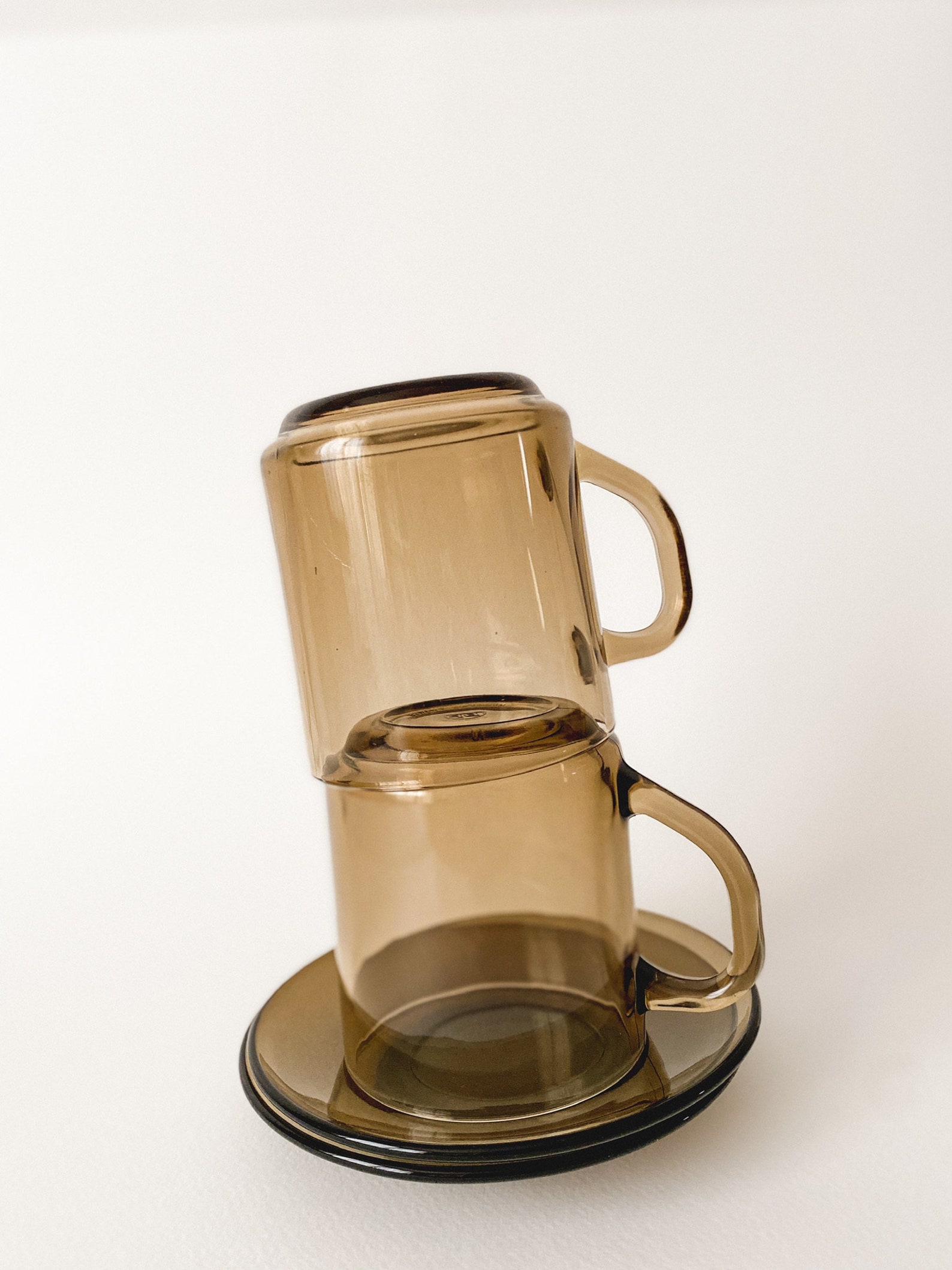 1970s Set of Two Grey Tinded Glass Mugs With Matching Saucers. Clean ...
