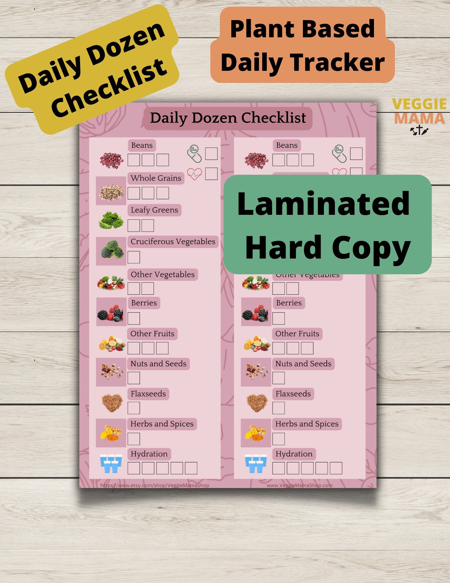 Pink Daily Dozen Checklist Laminated Hard Copy Plant Based Tracker 8.5 ...