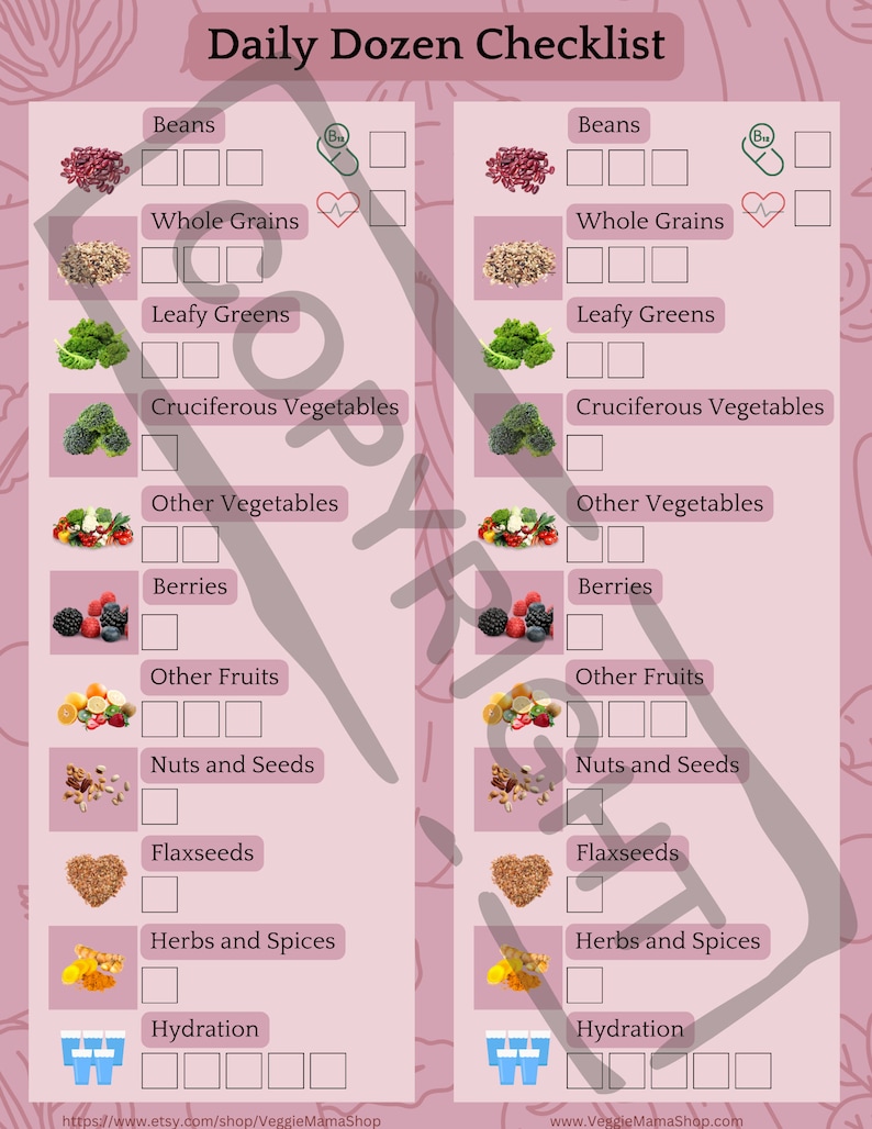 Pink Daily Dozen Checklist Laminated Hard Copy Plant Based Tracker 8.5 ...