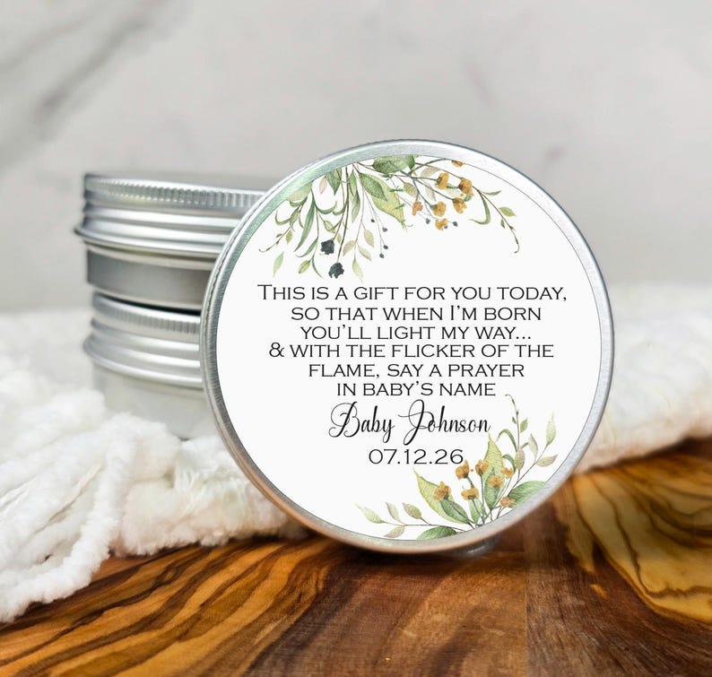 Personalized Prayer Candle Baby Shower Favors, Greenery Tin Keepsake - Etsy