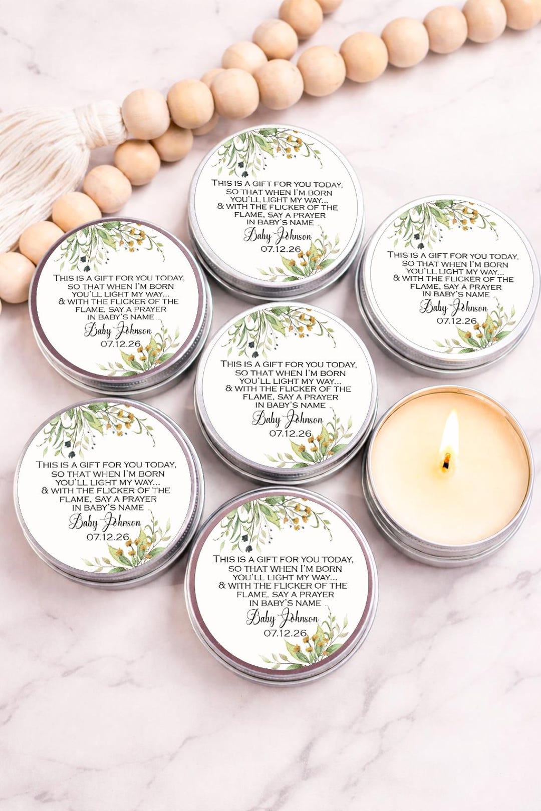 Personalized Prayer Candle Baby Shower Favors, Greenery Tin Keepsake - Etsy