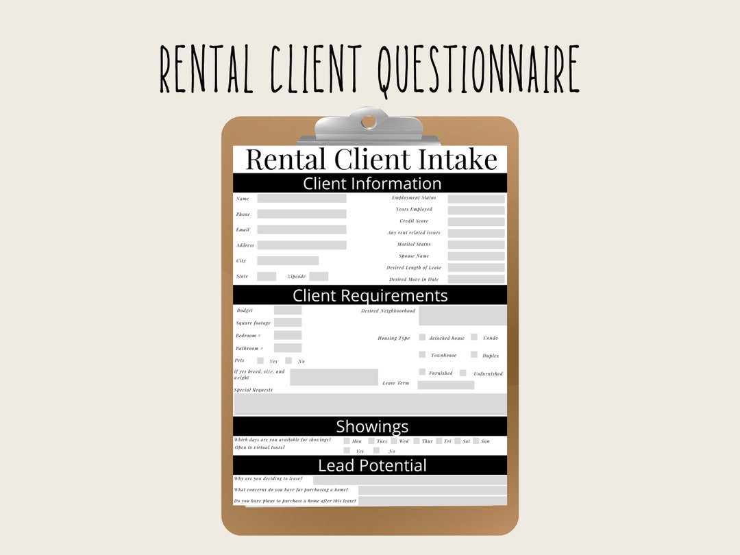 Editable Rental Client Intake Form, Template in Black, Rental Client ...