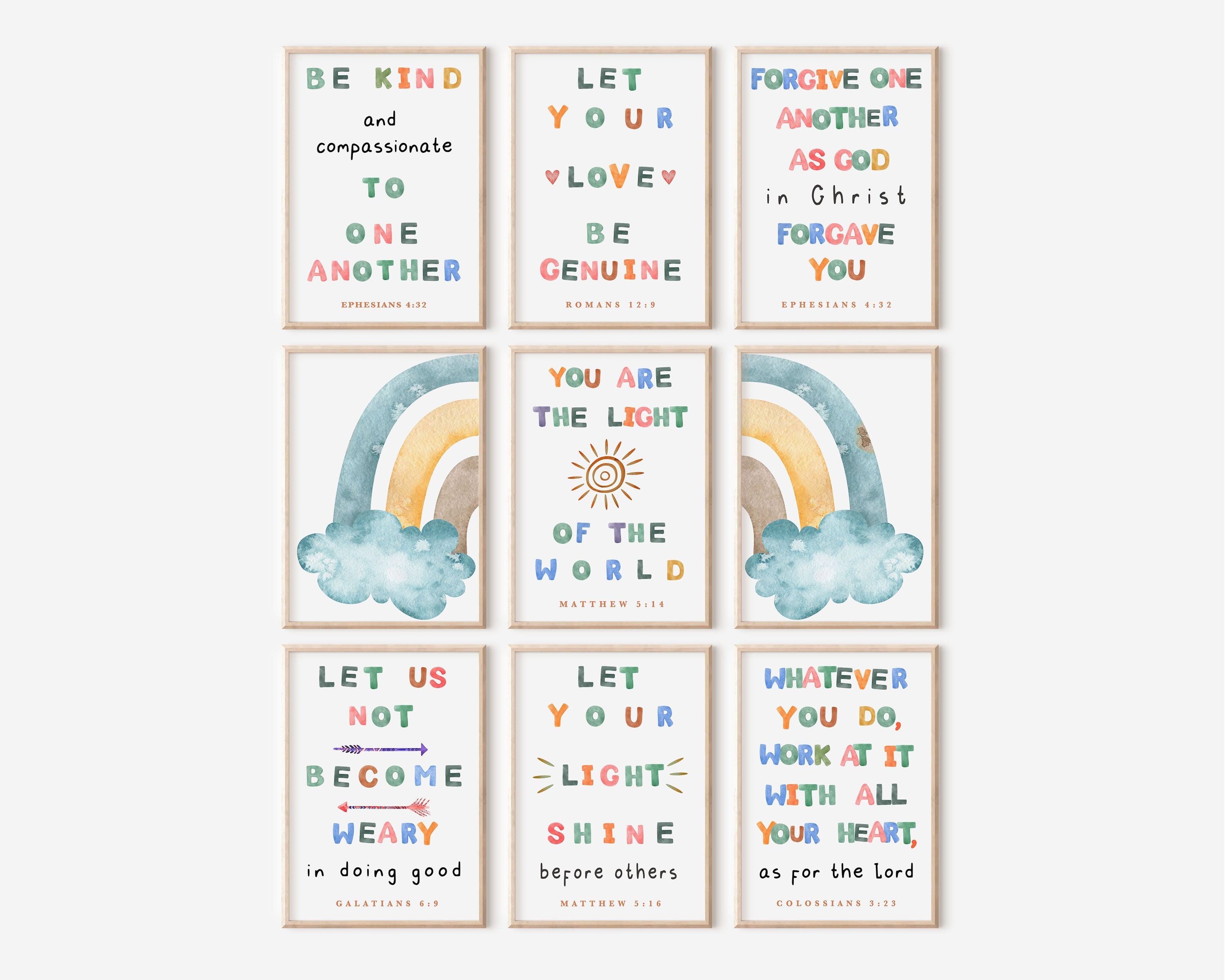 Set of 9 Printable Posters for Kids, Bible Verse Wall Art , Watercolor ...