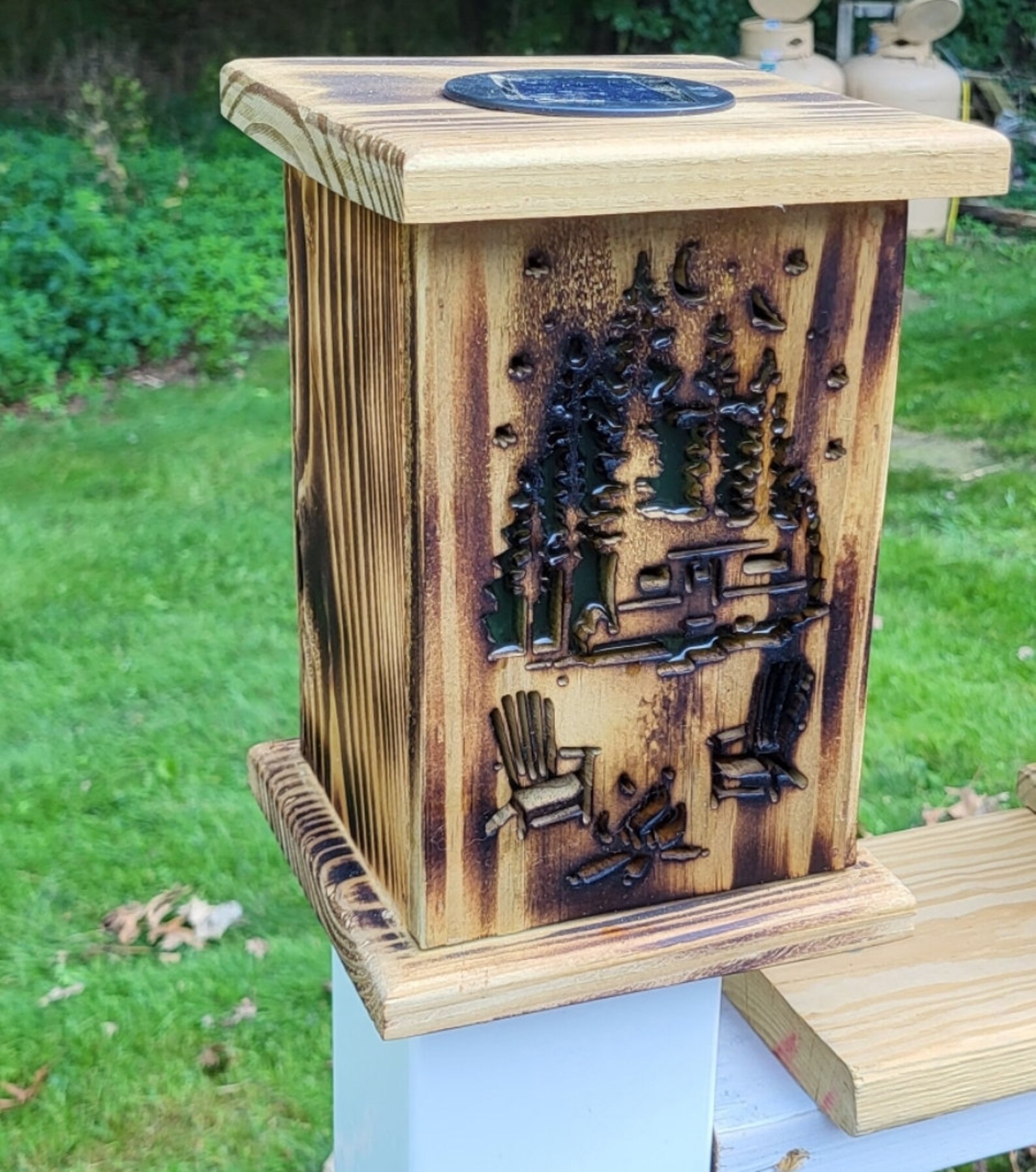 Unique Hand Made Rustic Camping Shadow Box Solar Lanterns and Post Top ...