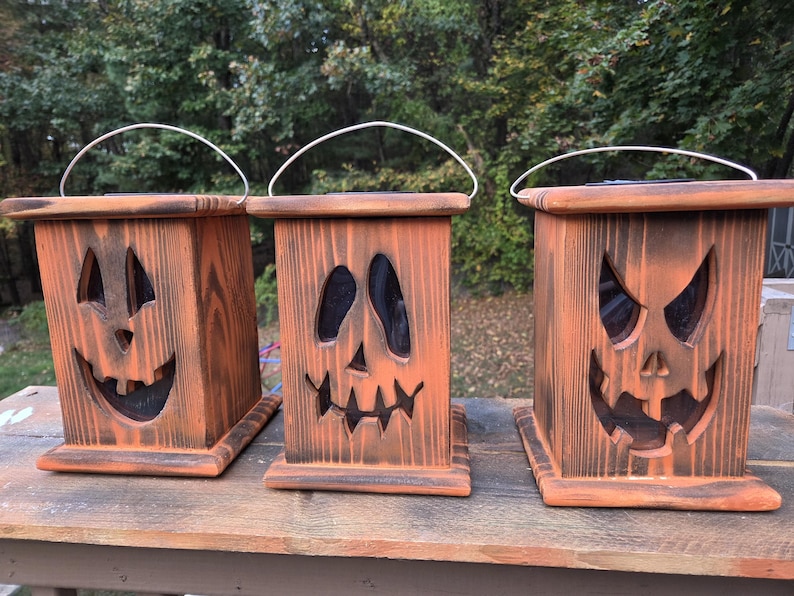 Custom Halloween Hand Made Rustic Pumpkin Face Solar Lanterns and Post ...