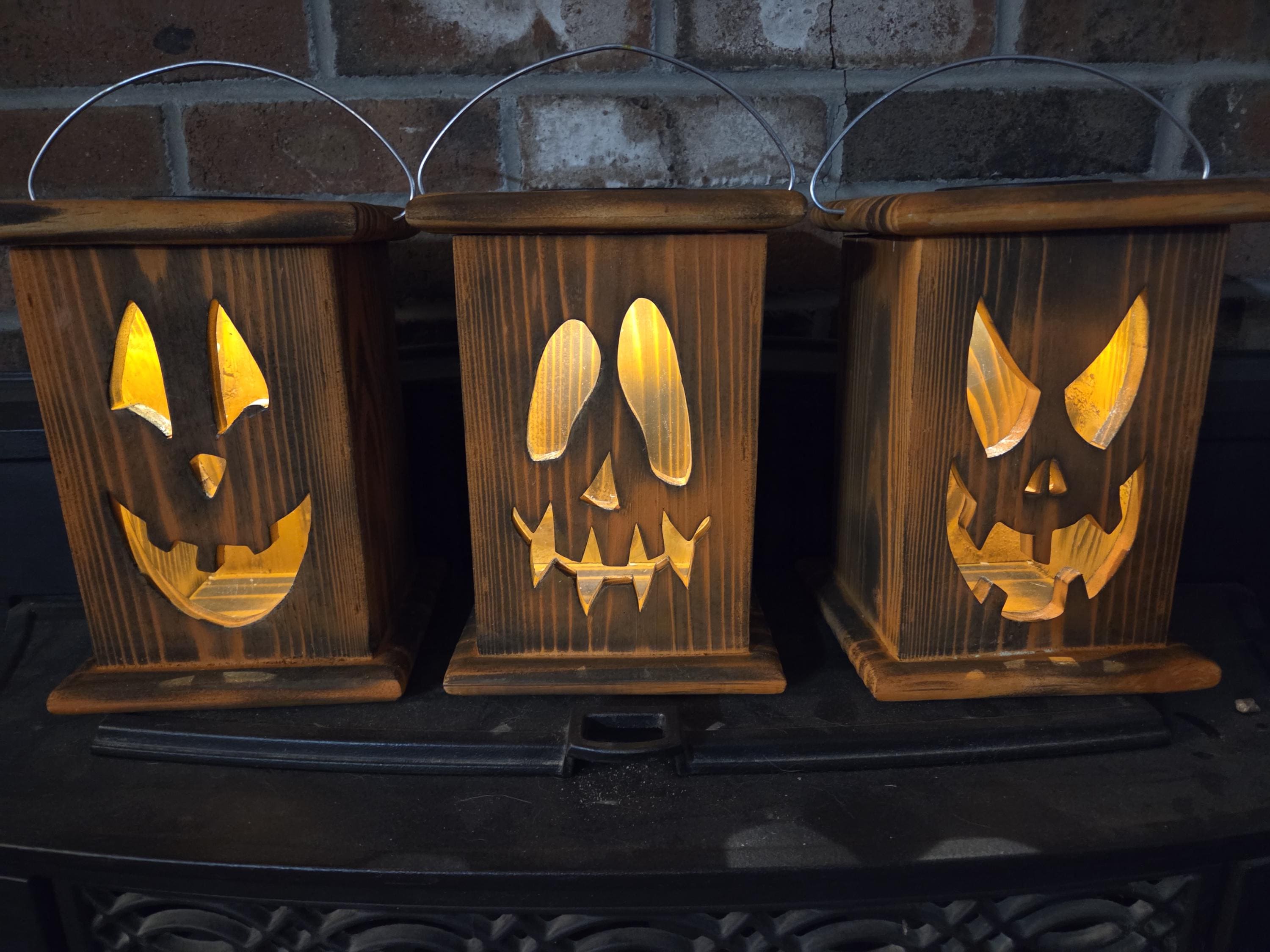Custom Halloween Hand Made Rustic Pumpkin Face Solar Lanterns and Post ...