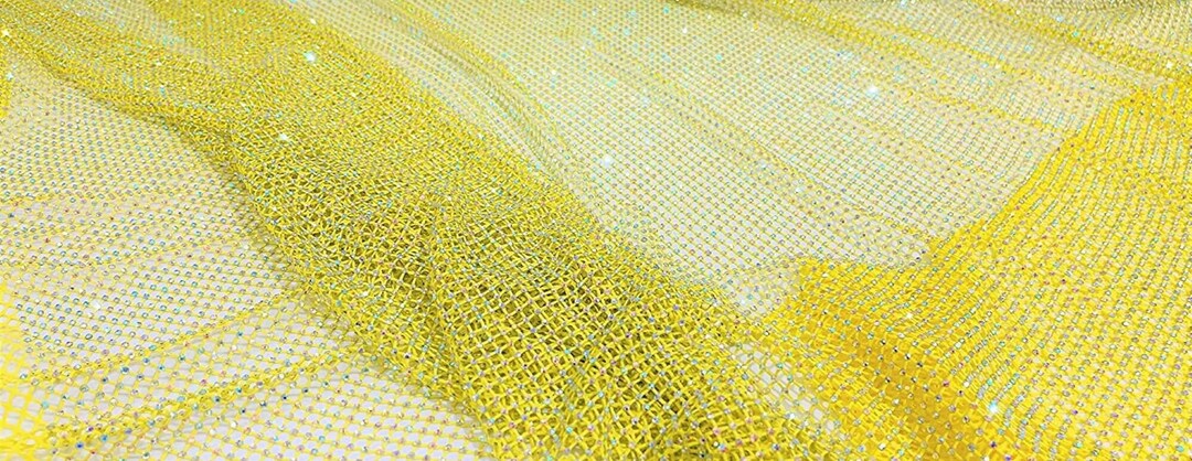 Four Way Stretch Sheer Yellow Mesh Fabric With AB Rhinestone Crystals ...