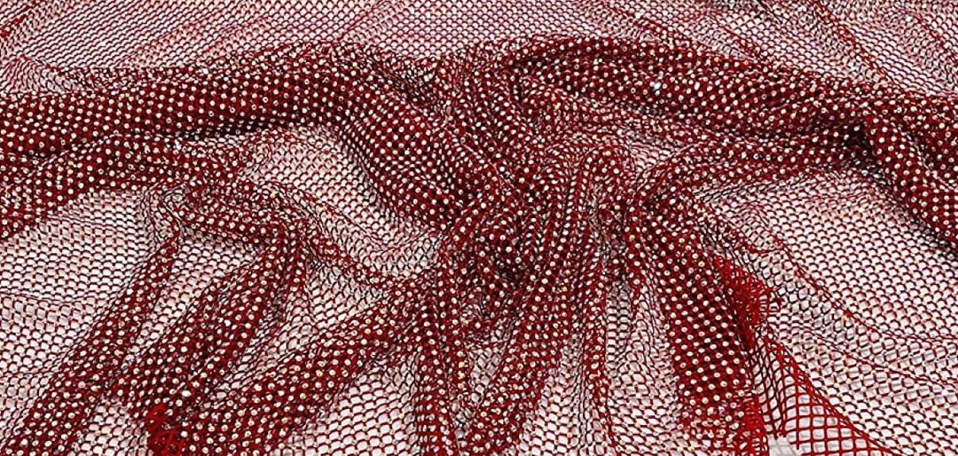 Four Way Stretch Sheer Burgundy Mesh Fabric With AB Rhinestone Crystals ...