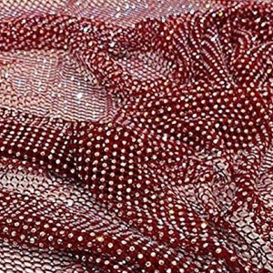Four Way Stretch Sheer Burgundy Mesh Fabric With AB Rhinestone Crystals ...