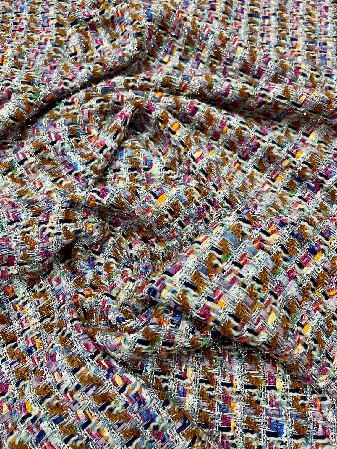 Multicolor Metallic Silver Thread Chenille Tweed Boucle Suiting Fabric ...