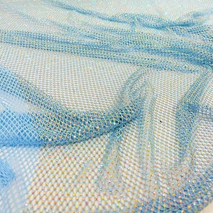 Four Way Stretch Sheer Blue Mesh Fabric With AB Rhinestone Crystals, 45 ...