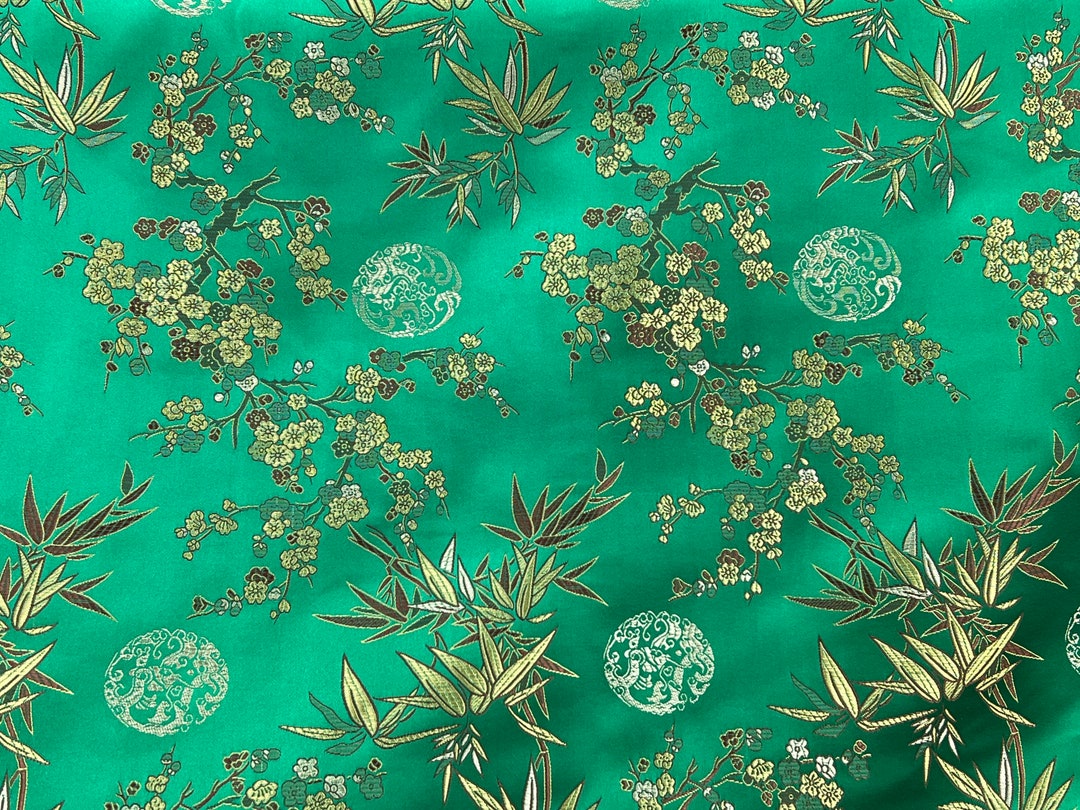 Green Chinese Design Embroidered Brocade Fabric by the Yard, 45'' Wide ...