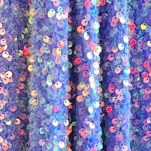 Clear Iridescent Sequins on Two Way Stretch Lavender Velvet Fabric, 5mm ...