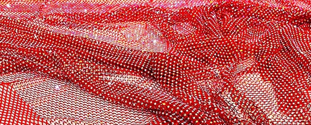 Four Way Stretch Sheer Red Mesh Fabric With AB Rhinestone Crystals, 45 ...