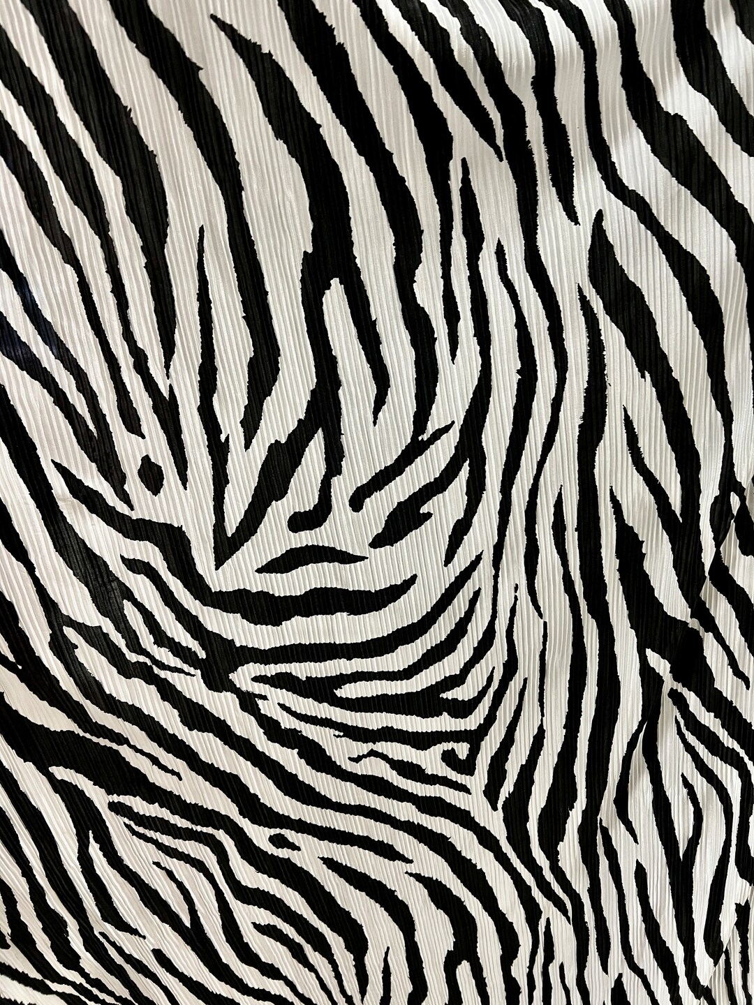 Black Zebra Print on Stretch Lightweight White Pleated Satin Fabric by ...