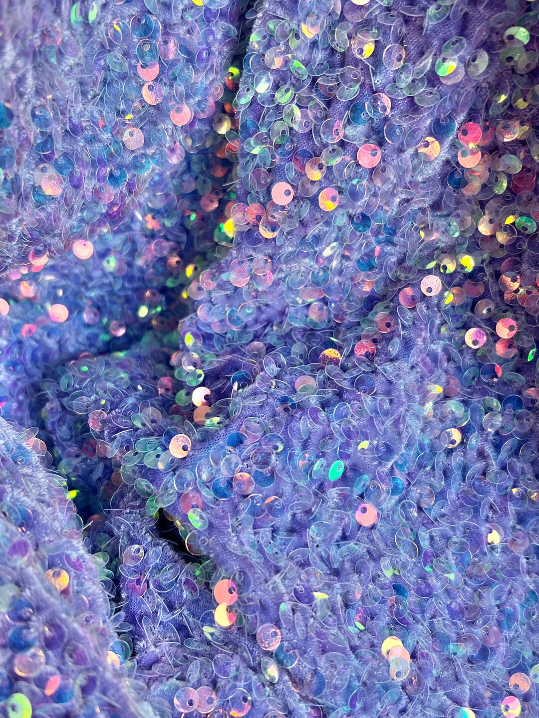 Clear Iridescent Sequins on Two Way Stretch Lavender Velvet Fabric, 5mm ...
