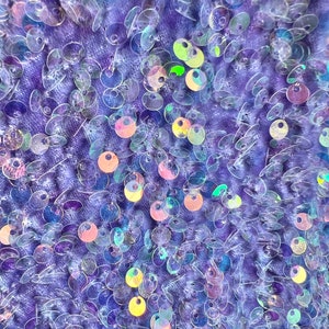 Clear Iridescent Sequins on Two Way Stretch Lavender Velvet Fabric, 5mm ...