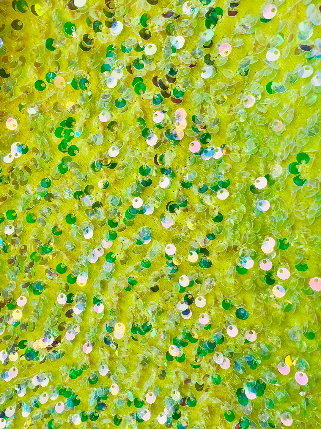 Clear Iridescent Sequins on Two Way Stretch Yellow Velvet Fabric, 5mm ...