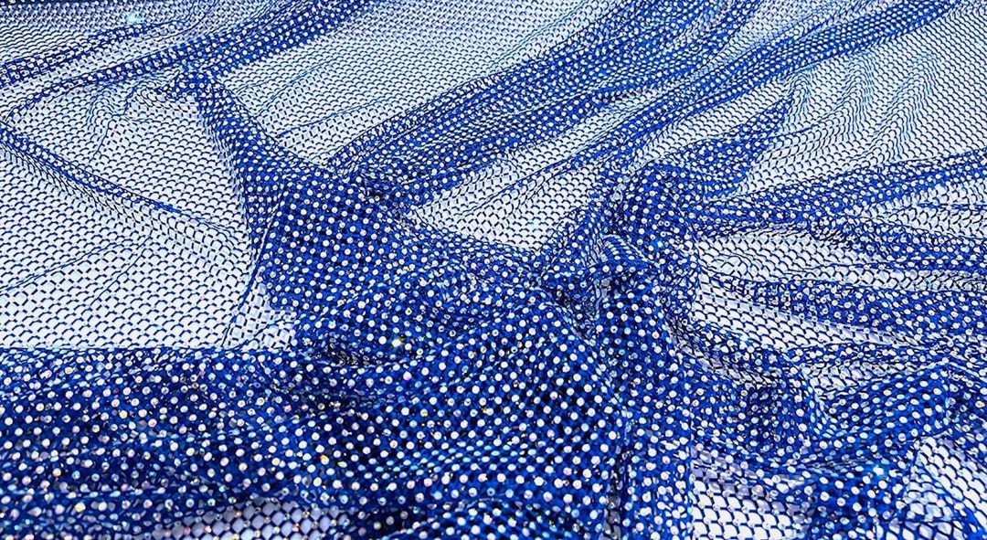 Four Way Stretch Sheer Royal Blue Mesh Fabric With AB Rhinestone ...