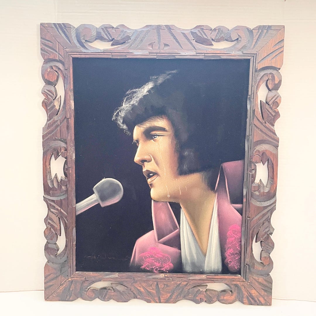 Vintage Crying Elvis Presley Oil Painting on Black Velvet With Hand ...