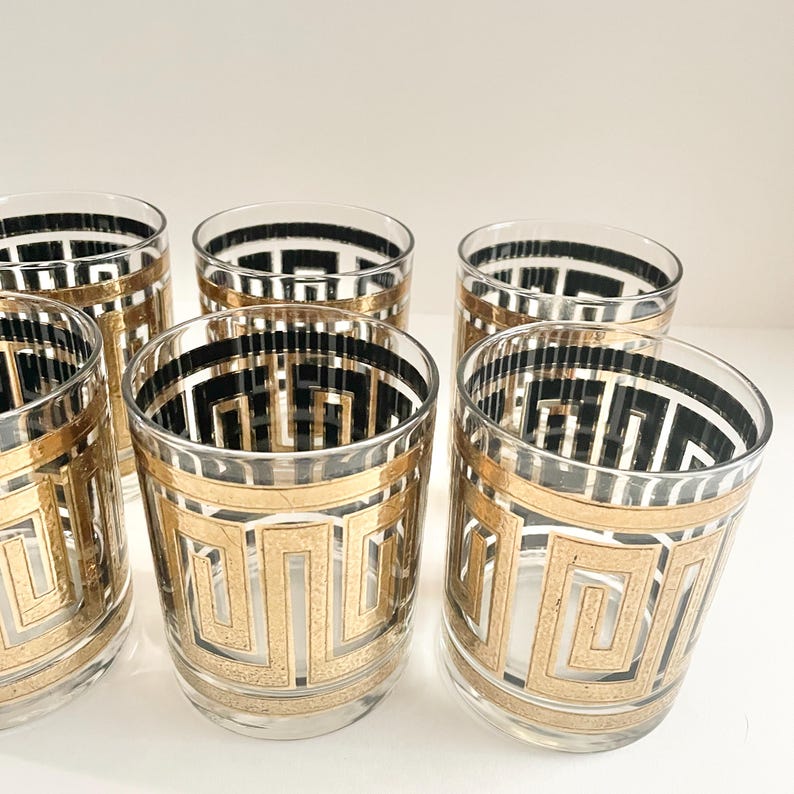 Vintage Culver Greek Key Gold & Black Double Old Fashioned Glasses Set ...