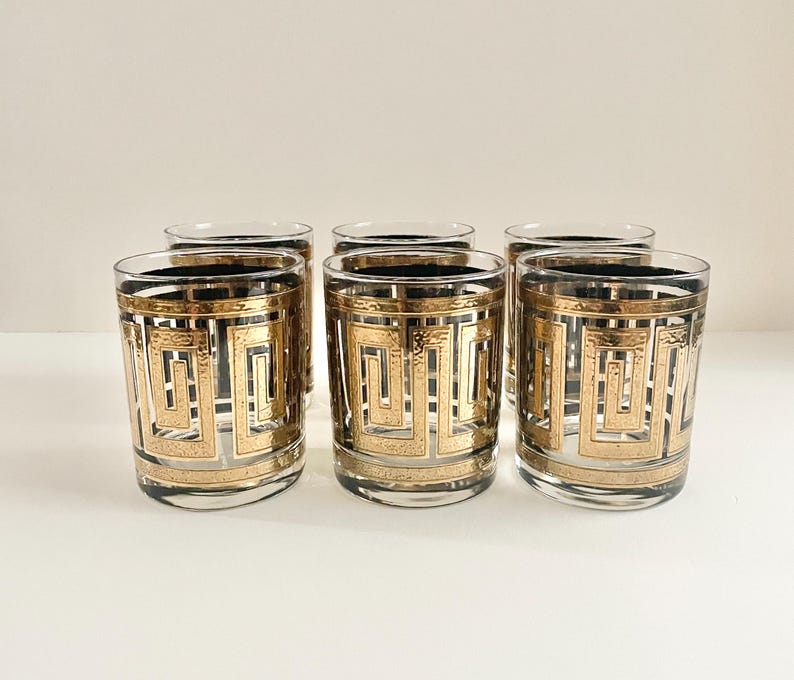 Vintage Culver Greek Key Gold & Black Double Old Fashioned Glasses Set ...